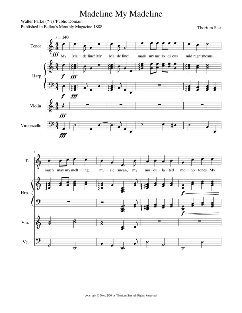 My Madeline, Words by Walter Parke (?-?) 'Pub. Domain' Pub. in 1888 ...