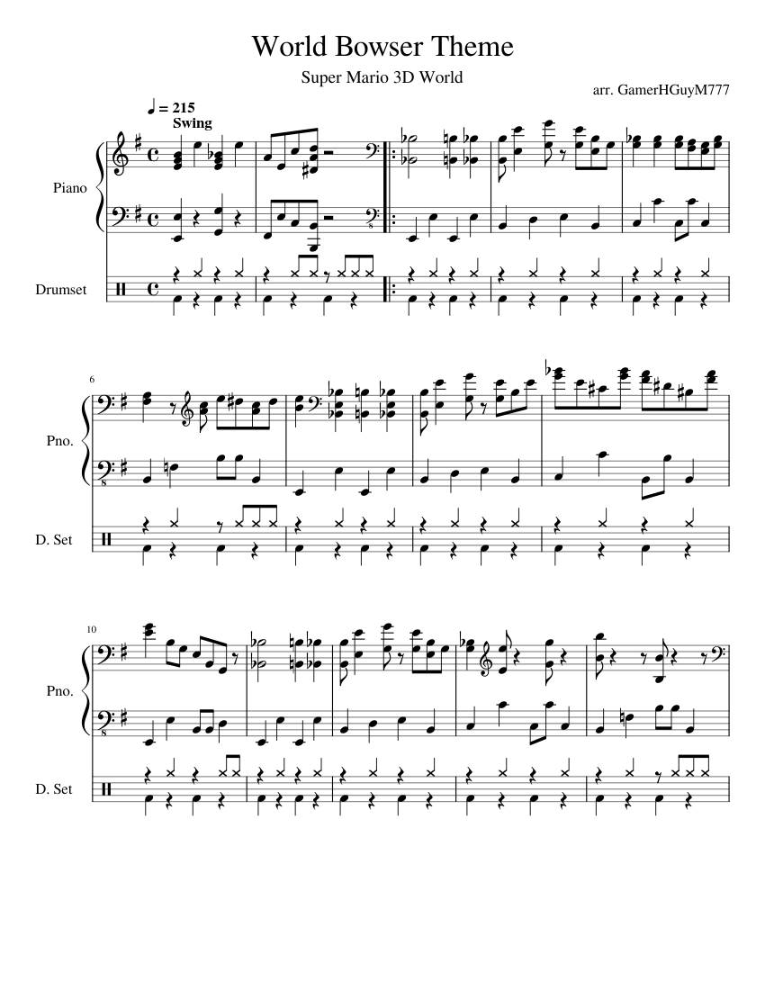 World Bowser Theme Sheet music for Piano, Drum group (Mixed Duet ...