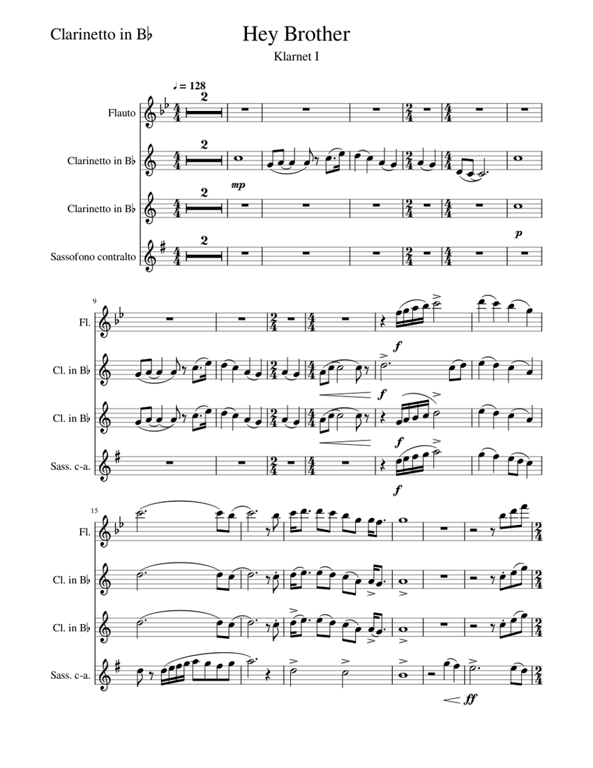 Hey Brother Sheet music for Flute, Clarinet in b-flat, Saxophone alto ...