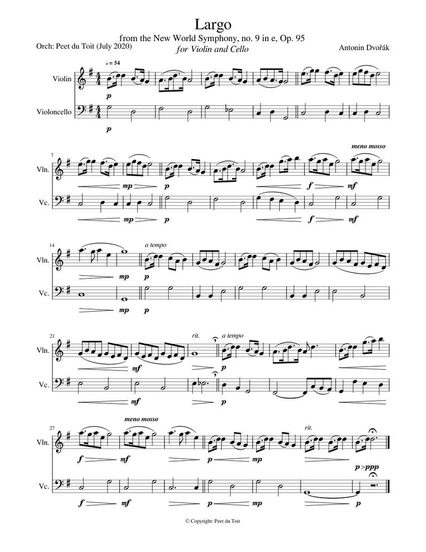 Largo from the New World Symphony no. 9 in e, Op.95 - A Dvořák Violin ...