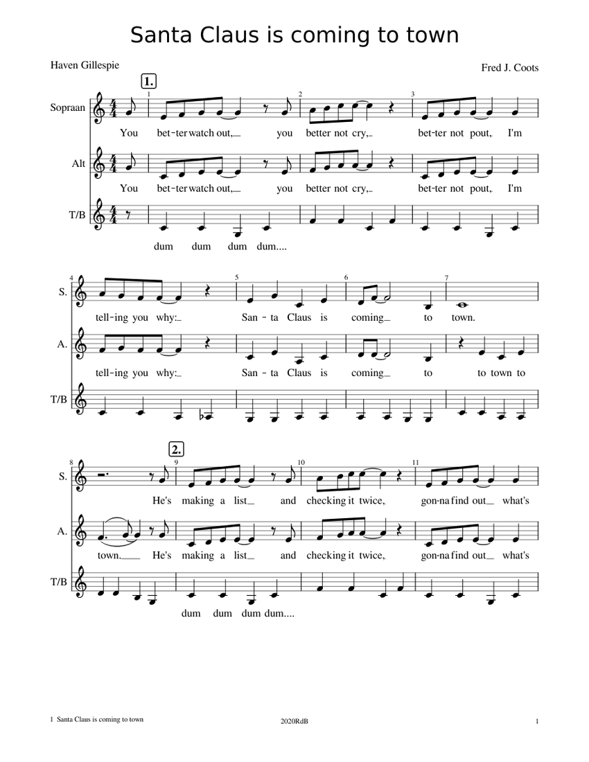 Santa Claus is coming to town Sheet Music for Soprano, Alto, Vocals ...