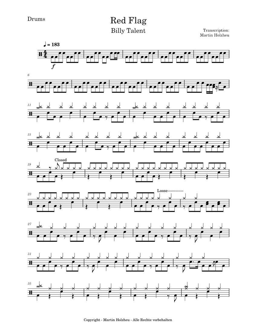 Red Flag – Billy Talent (Drum Tabs) Sheet Music for Drum group (Solo ...