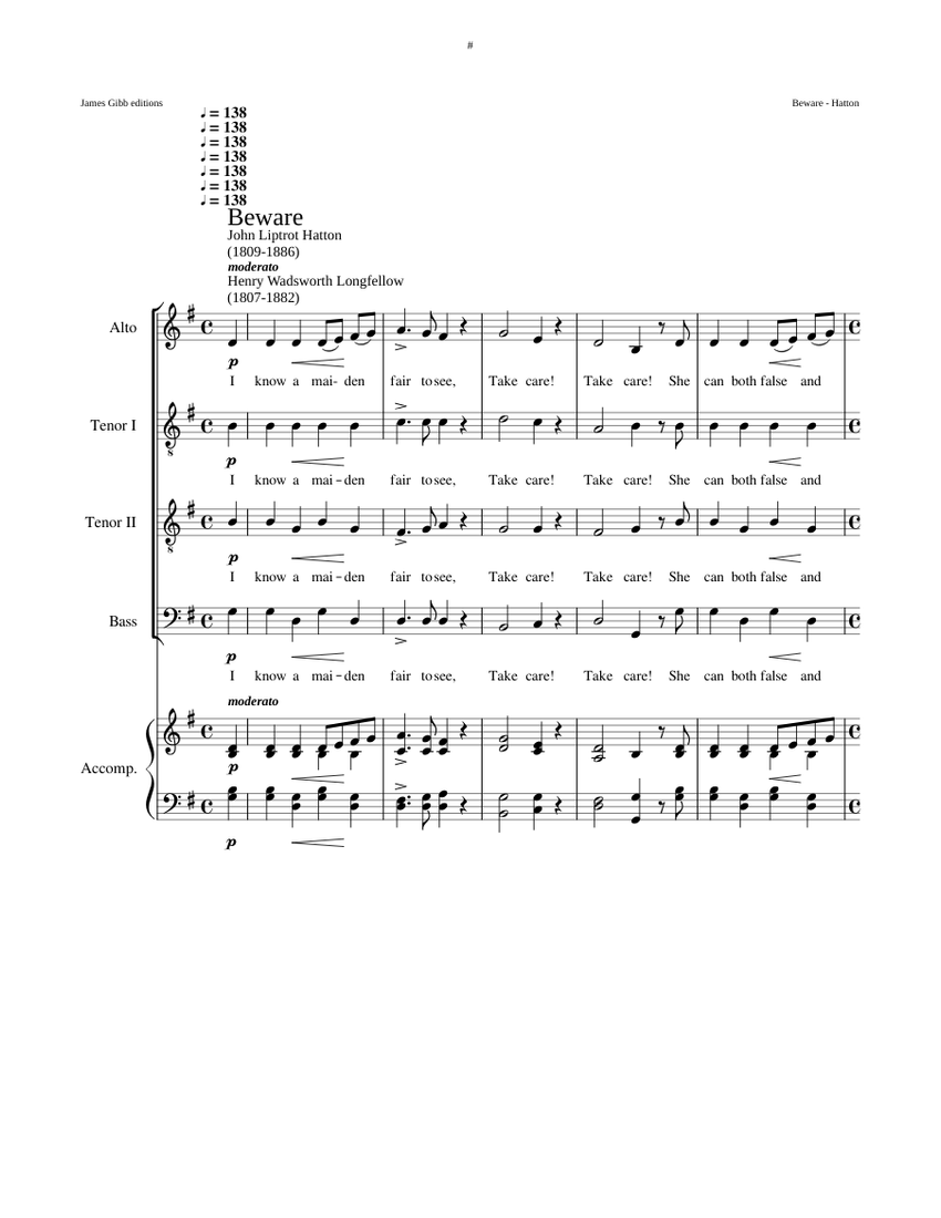 Beware - John Liptrot Hatton Sheet music for Bass guitar (Solo ...