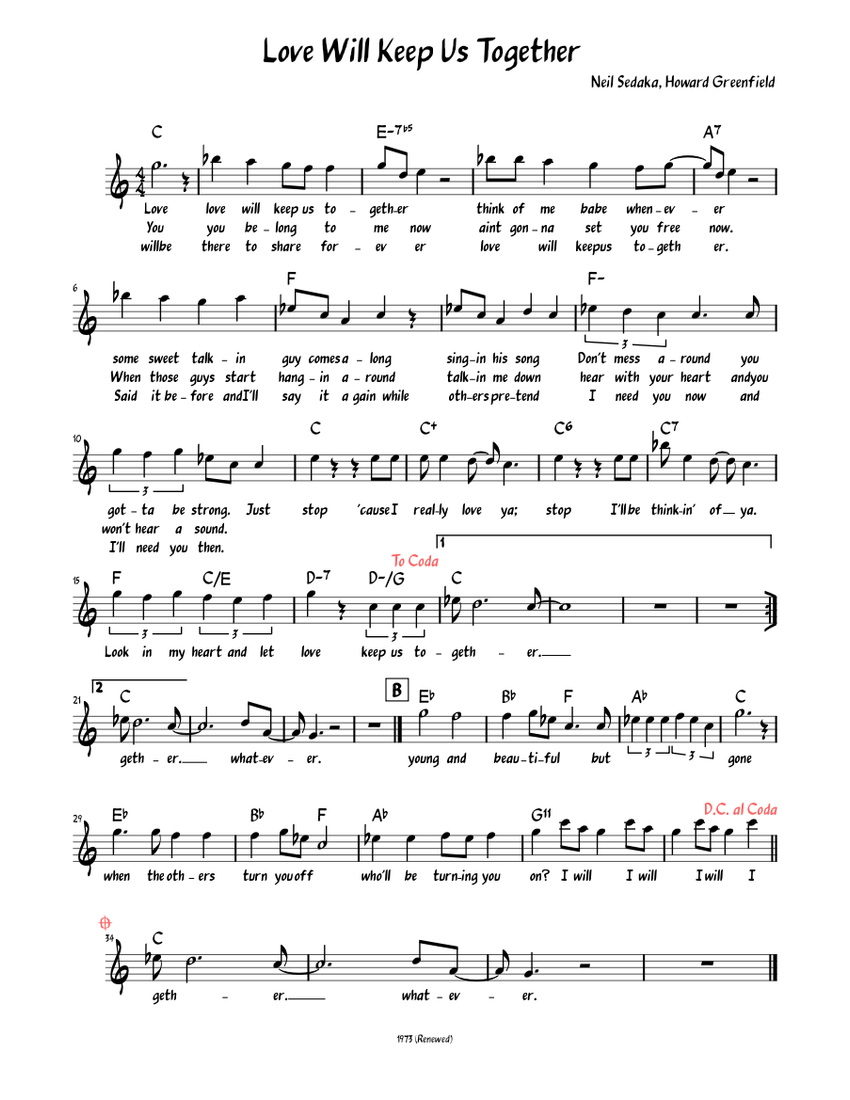 Love Will Keep Us Together (Lead sheet with lyrics ) Sheet Music with ...