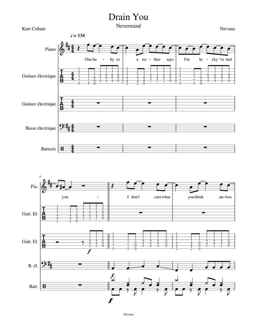 Nirvana - Drain You Sheet Music and Tab for Piano, Guitar, Bass guitar ...