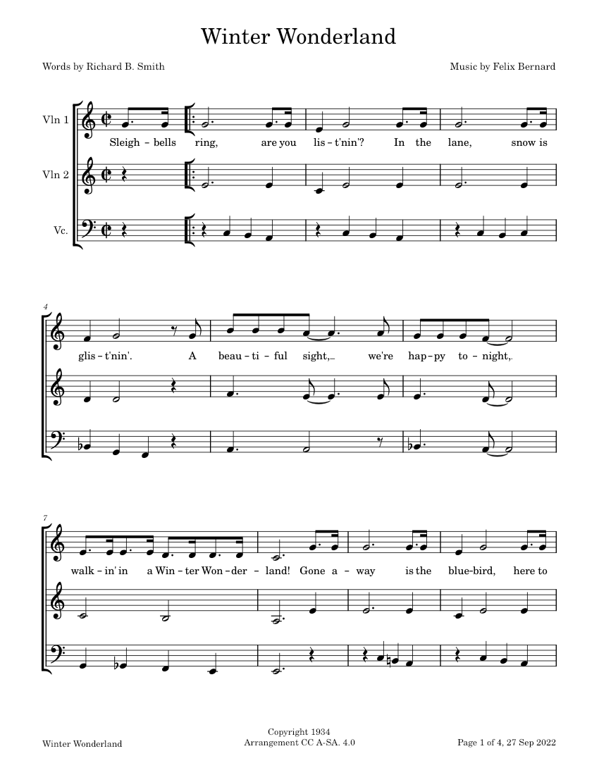 Winter wonderland – Felix Bernard Sheet music for Violin, Cello (String ...