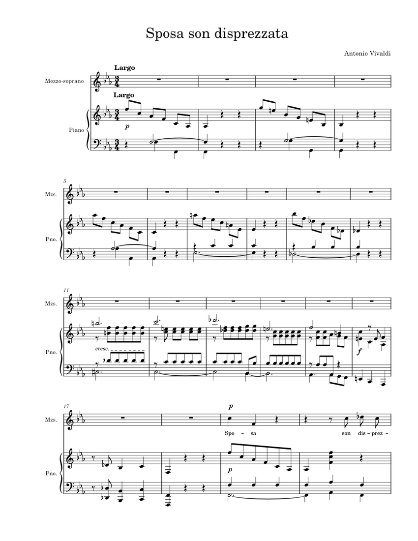 Sposa son disprezzata - Geminiano Giacomelli Sheet Music for Piano, Mezzo soprano (Piano-Voice ...