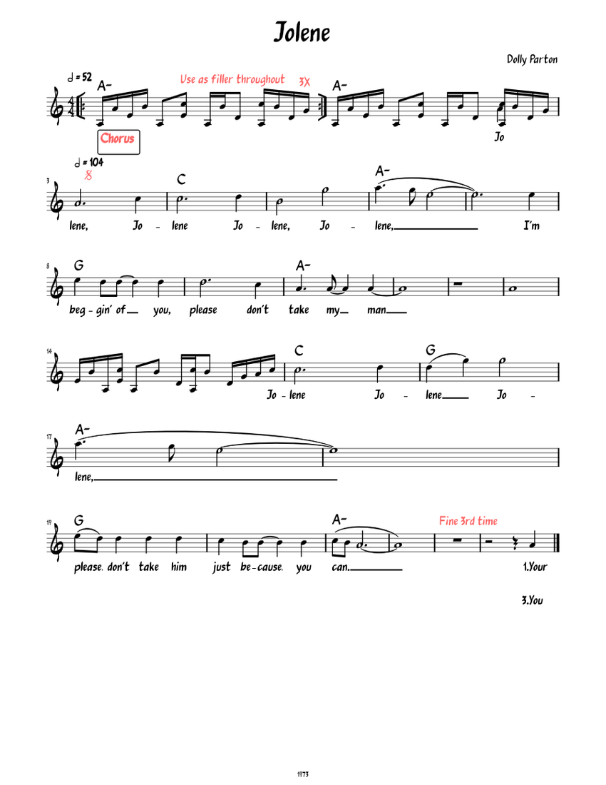 Jolene (lead sheet with lyrics) Sheet Music with Chords for Piano (Solo ...