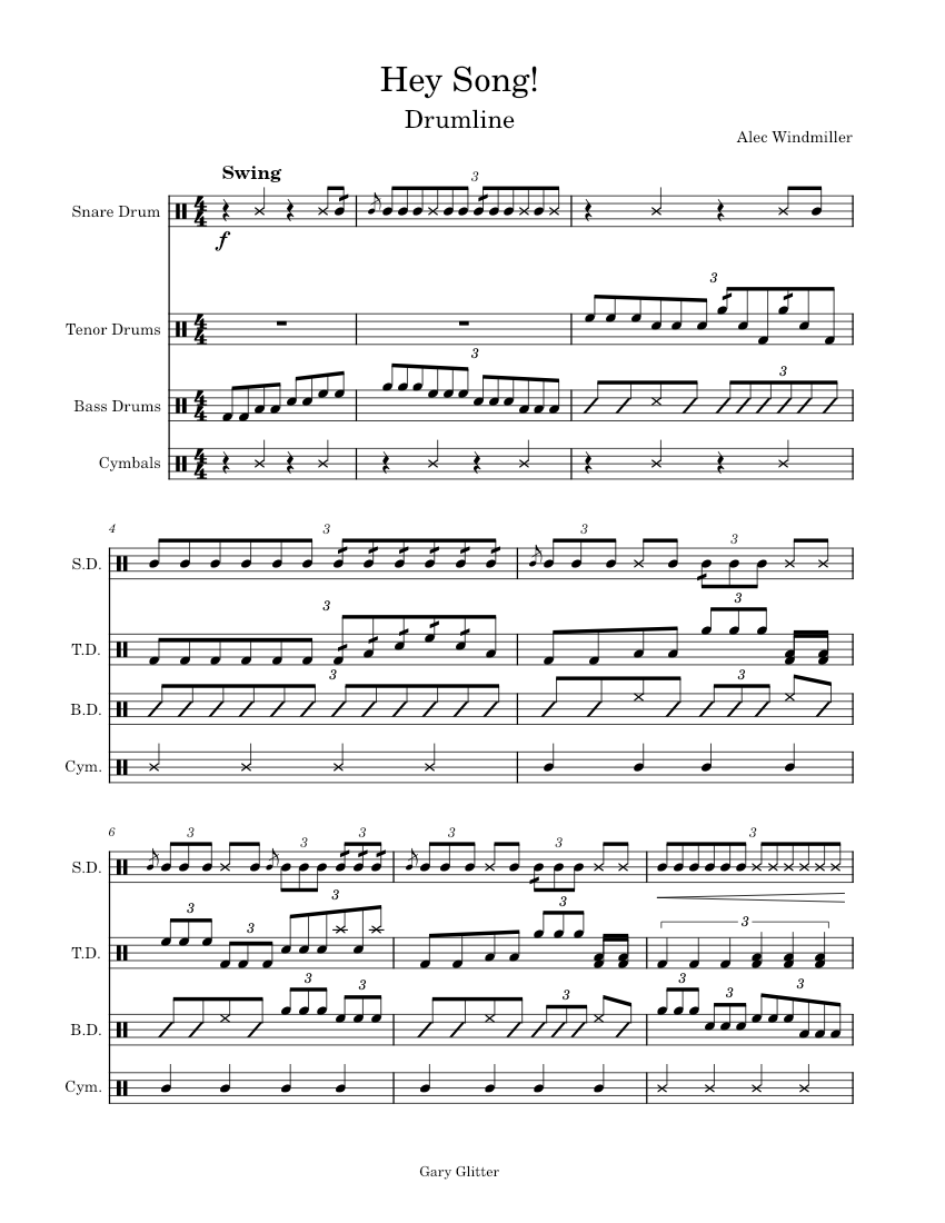 Hey Song Drumline Sheet Music for Snare drum, Crash, Tenor drum, Bass ...