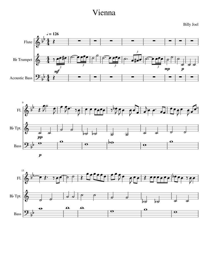 Vienna Music Score Sheet Music for Flute, Trumpet in b-flat, Bass ...