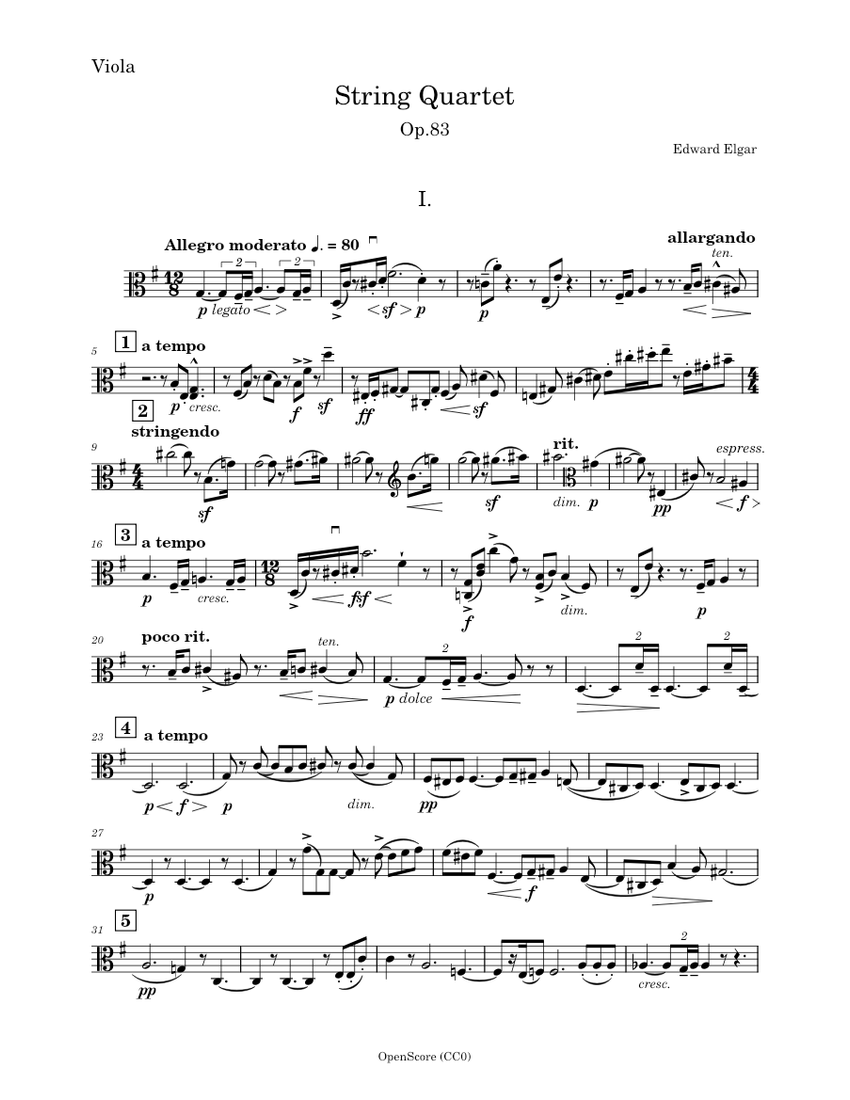 String Quartet, Op.83 – Edward Elgar - Viola PART Sheet Music for Viola ...