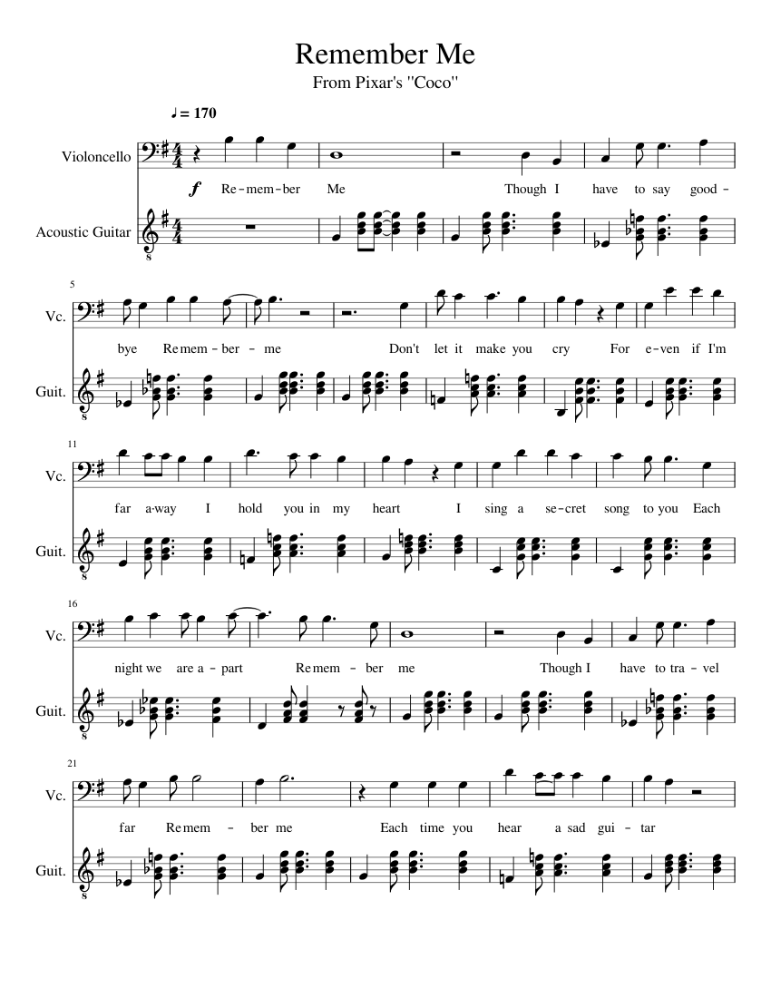 Remember Me Sheet Music for Cello, Guitar (Mixed Duet) | MuseScore.com
