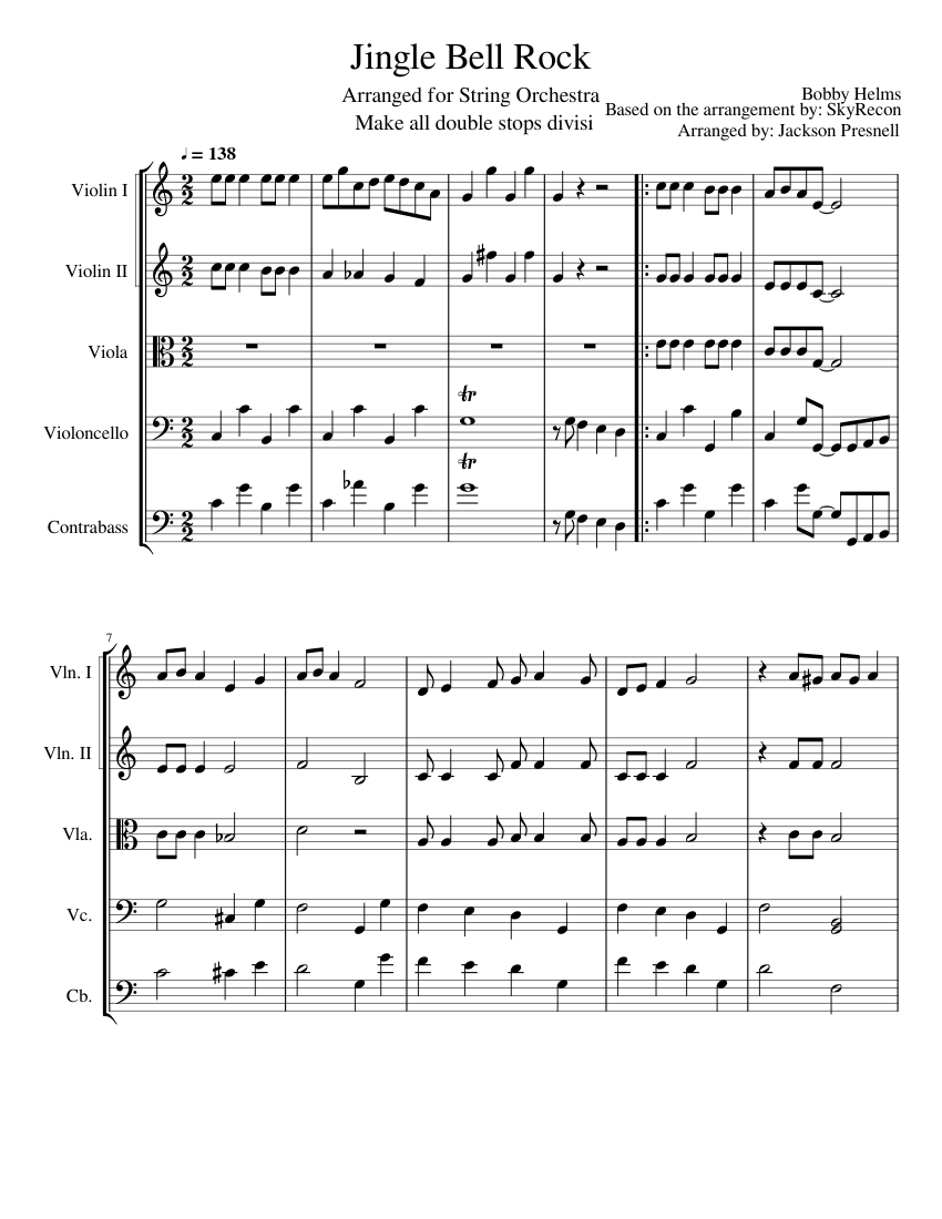 Jingle Bell Rock Sheet Music for Contrabass, Violin, Viola, Cello (Solo ...