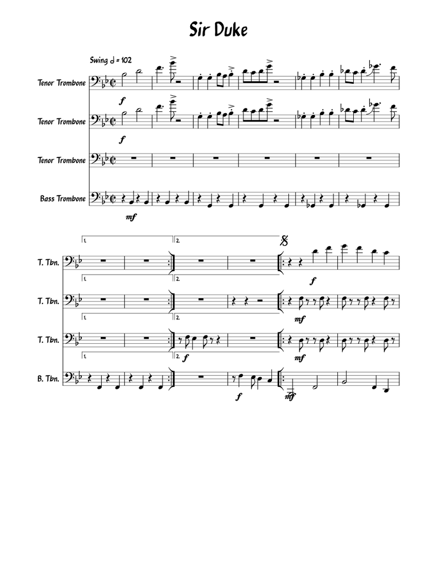 Sir Duke - QUARTET - Trombone Sheet music for Trombone tenor, Trombone ...