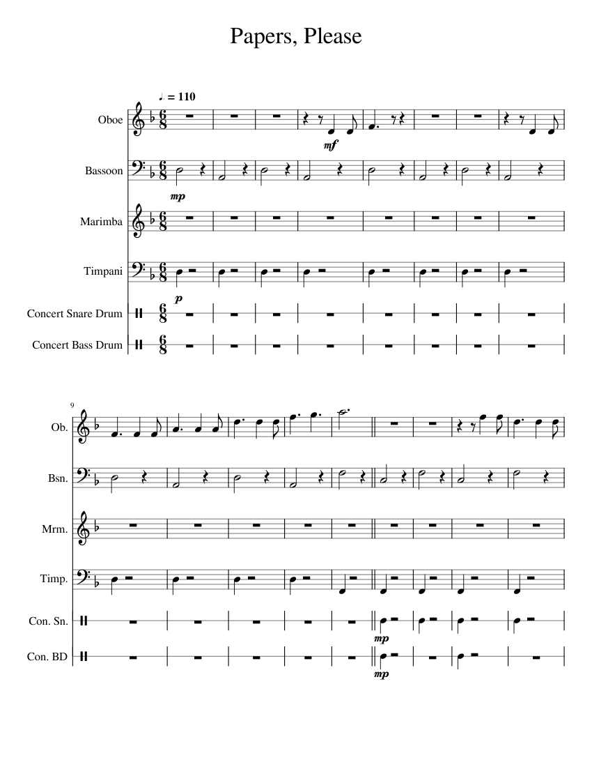 Papers, Please Sheet music for Oboe, Bassoon, Timpani, Snare drum ...