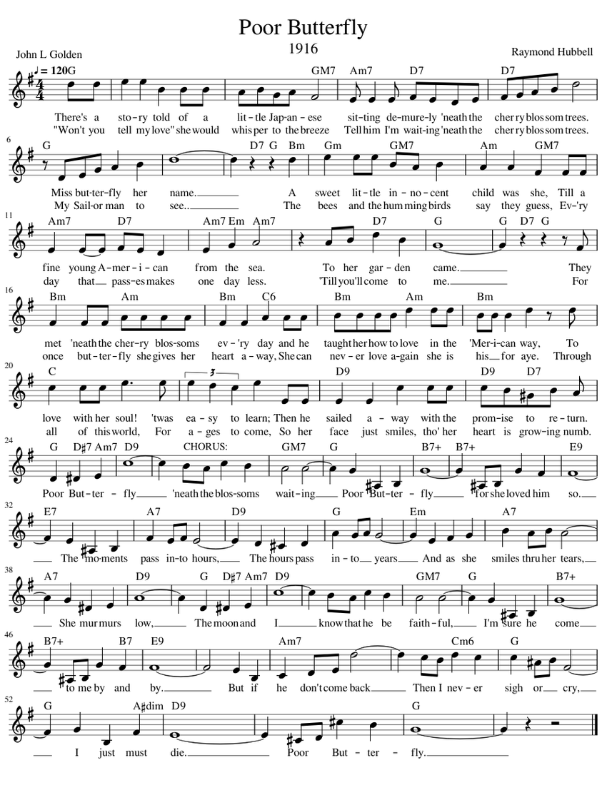 Poor Butterfly Sheet Music with Chords for Piano (Solo) | MuseScore.com