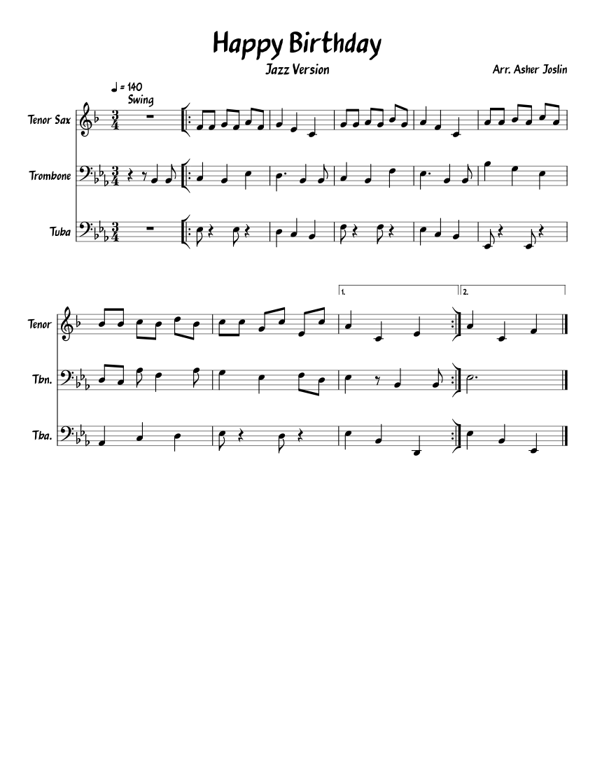 Happy Birthday - Jazz Version Sheet Music for Trombone, Tuba, Saxophone ...