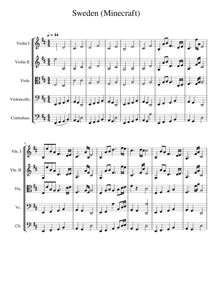 Minecraft Sweden Sheet music for Contrabass, Violin, Viola, Cello ...