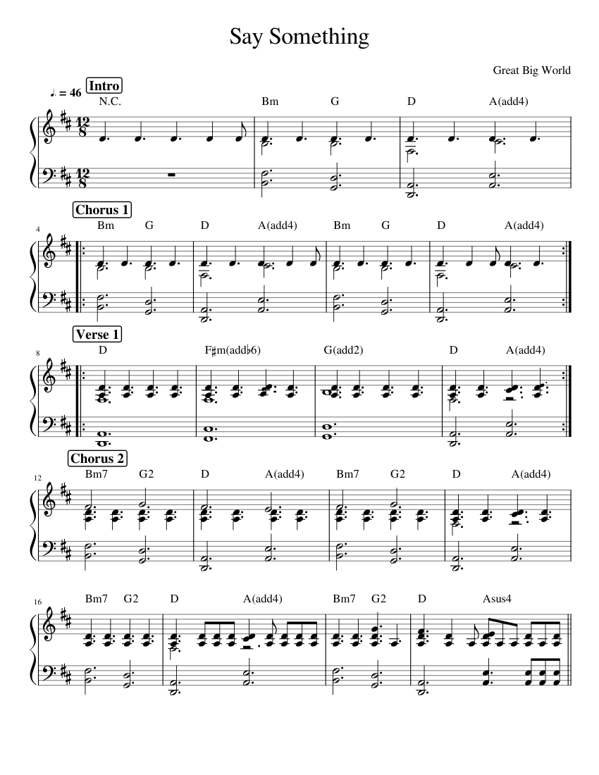 Say Something Sheet Music with Chords for Piano (Solo) Easy | MuseScore.com