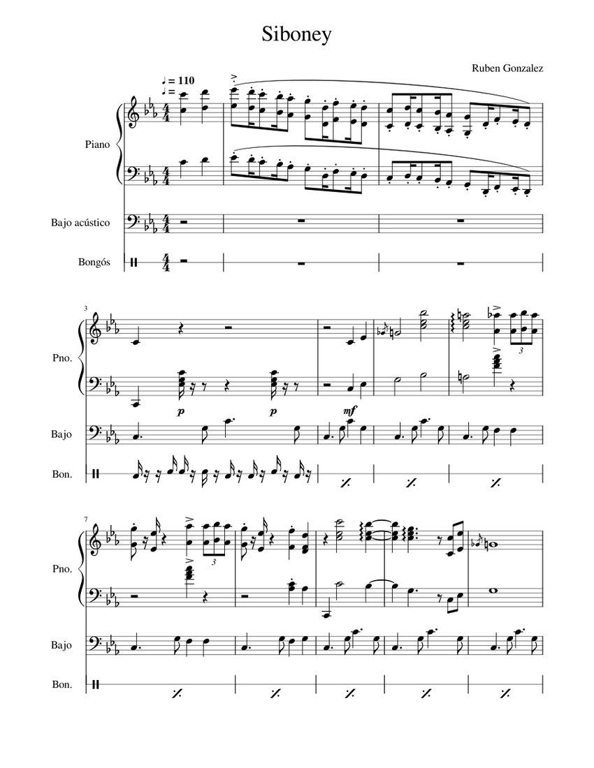 Siboney Sheet Music for Piano, Bass guitar, Bongo (Mixed Trio ...