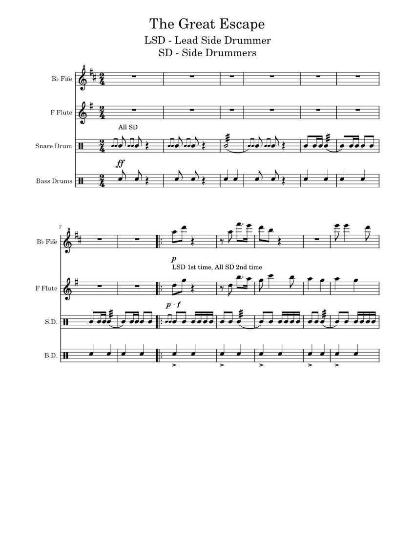 Great Escape Sheet music for Flute, Snare drum, Bass drum, Flute other (Mixed Quartet ...