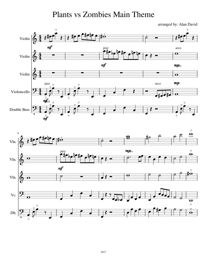 Plants vs Zombies Main Theme Sheet Music for Contrabass, Violin, Cello ...