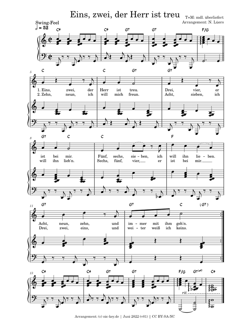 Eins, zwei, der Herr ist treu - T+M: mündlich überliefert Sheet music ...