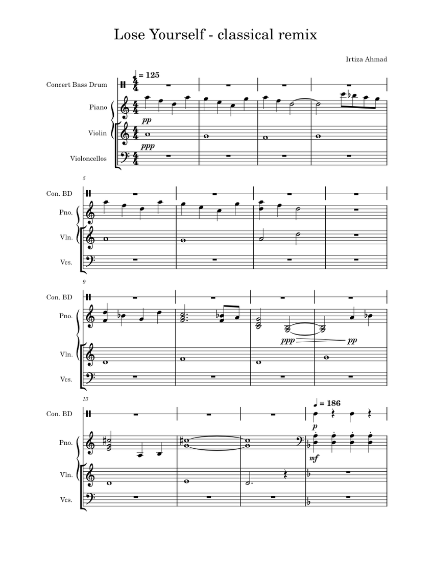 Lose Yourself – Eminem Sheet Music for Piano, Violin, Bass drum ...