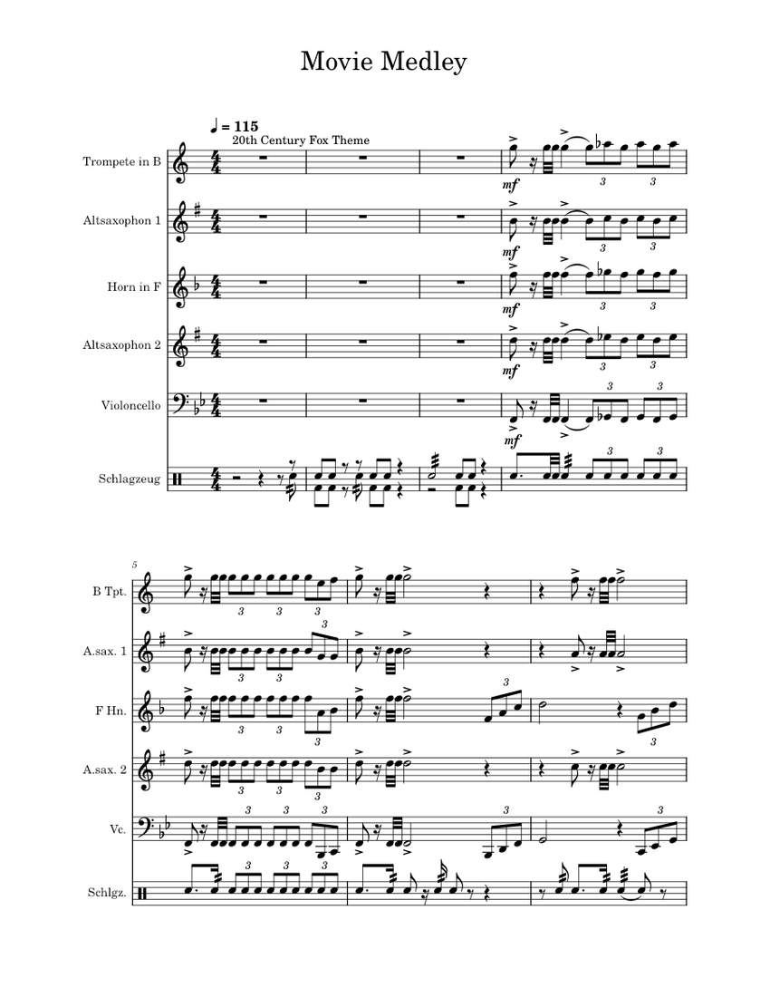Movie Medley Sheet Music for Saxophone alto, Trumpet in b-flat, French ...