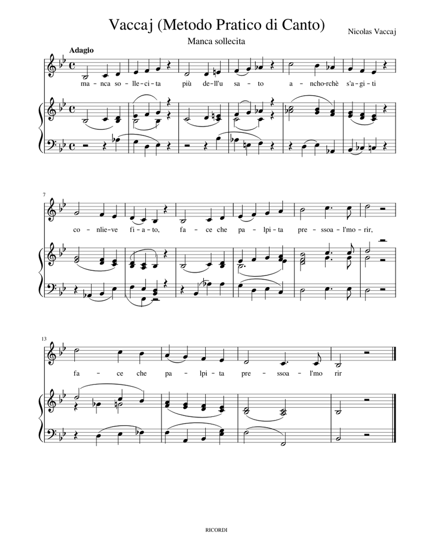 Vaccaj_Manca medium Sheet music for Piano, Vocals (Piano-Voice ...