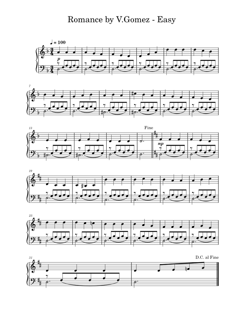Romance by V.Gomez - Easy Sheet Music for Piano (Solo) | MuseScore.com