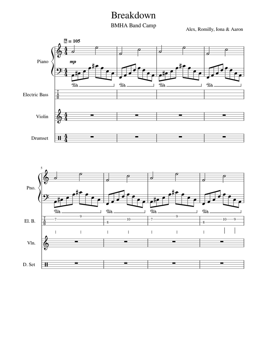 Breakdown Sheet music for Piano, Violin, Bass guitar, Drum group (Mixed ...