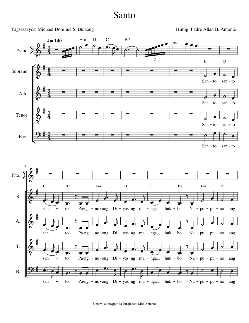 Santo Sheet Music with Chords for Piano, Soprano, Alto, Tenor & more ...