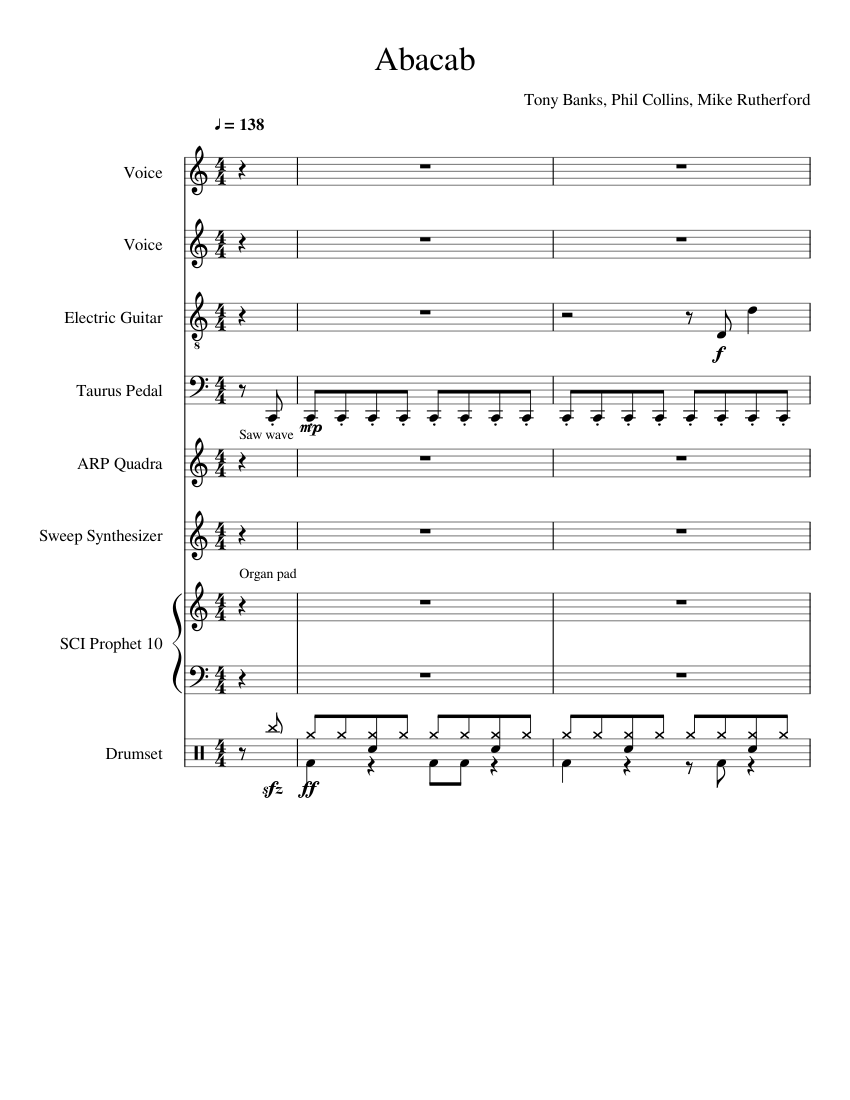 Genesis - Abacab Sheet Music for Vocals, Guitar, Bass guitar, Drum ...