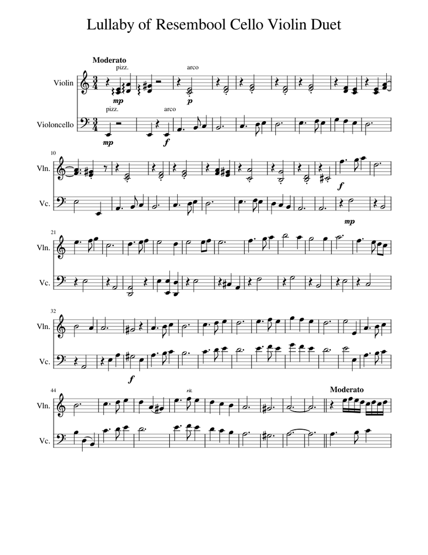 Lullaby of Resembool Sheet Music for Violin, Cello (String Duet ...