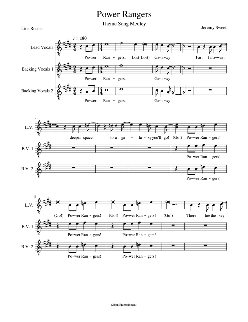 Power Rangers (Theme Song Medley) Sheet Music for Vocals (A Capella ...