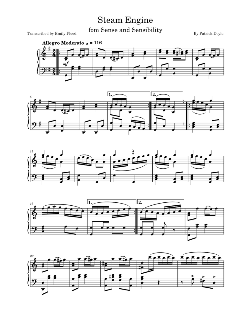 Steam Engine from Sense and Sensibility (1995) Sheet Music for Piano ...