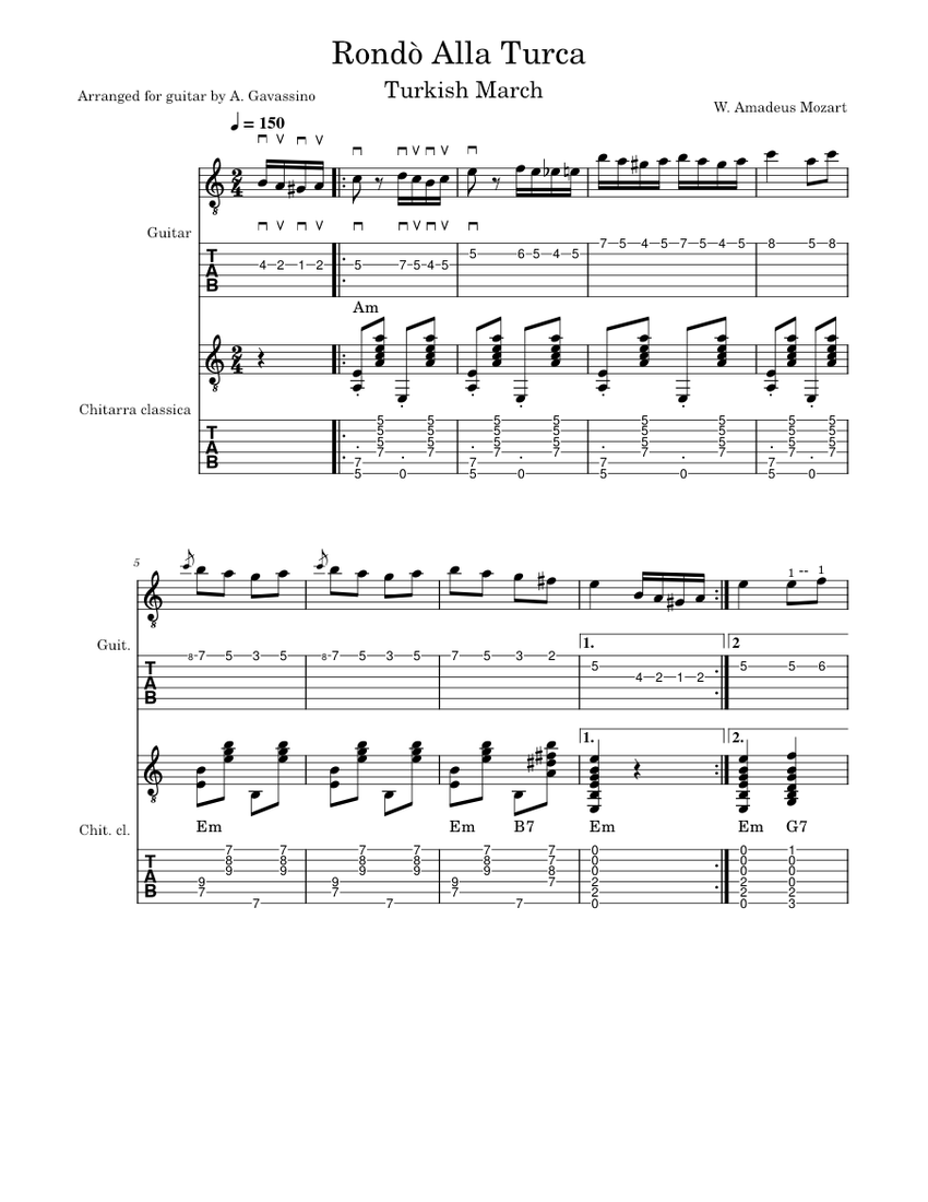 Rondò Alla Turca guitar Sheet Music and Tab with Chords for Guitar ...