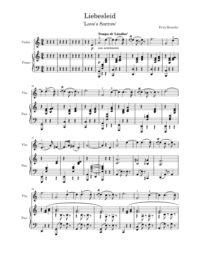 Liebesleid 'Love's Sorrow' – Fritz Kreisler Sheet Music for Piano ...