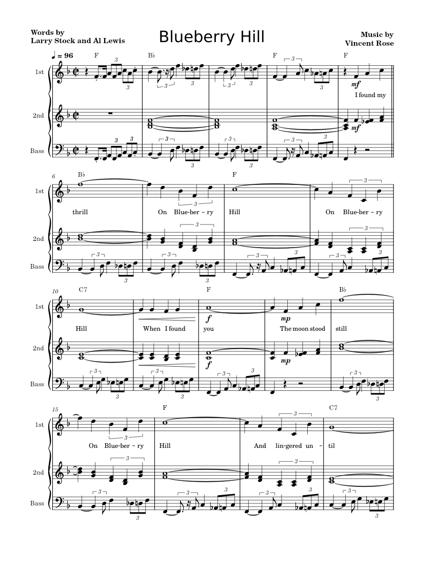 Blueberry Hill – Al Lewis, Larry Stock and Vincent Rose Sheet Music ...