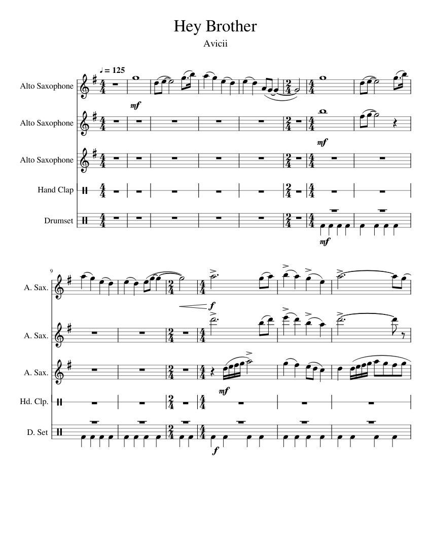 Hey Brother Sheet music for Saxophone alto, Drum group, Hand clap ...