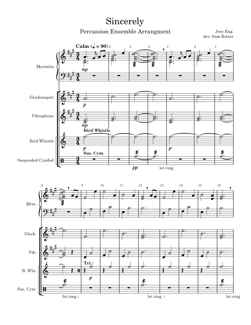 Sincerely – Joey Eng (Percussion ensemble) Sheet music for Vibraphone, Glockenspiel, Marimba ...