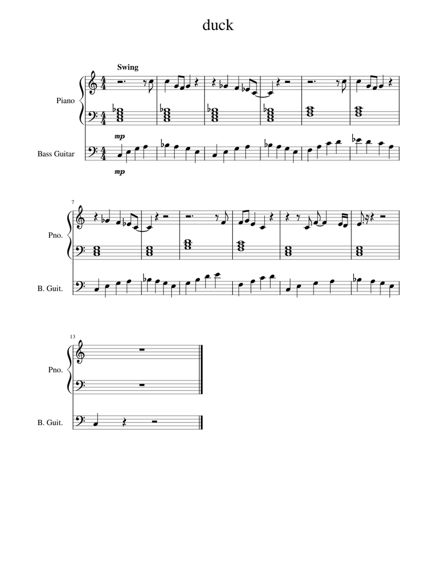 duck Sheet music for Piano, Bass guitar (Mixed Duet) | Musescore.com