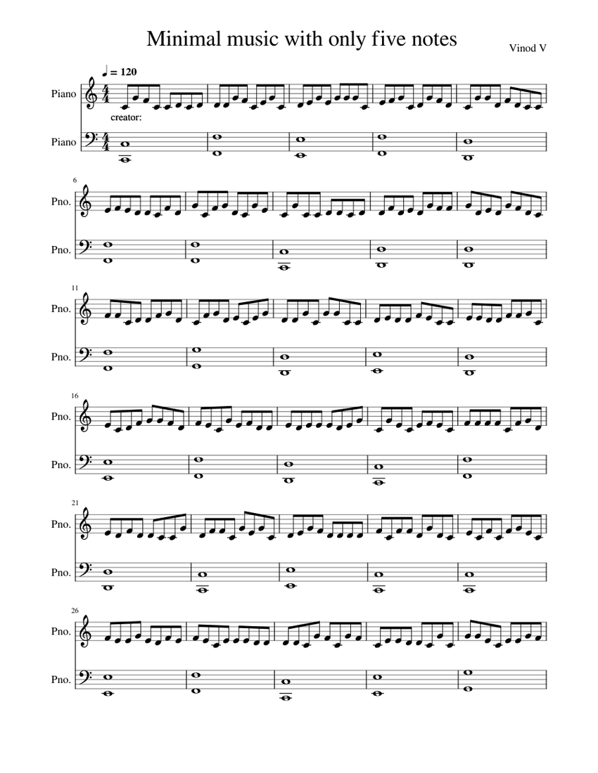 Minimal music - simple tune with five notes [c to g] Sheet Music for ...