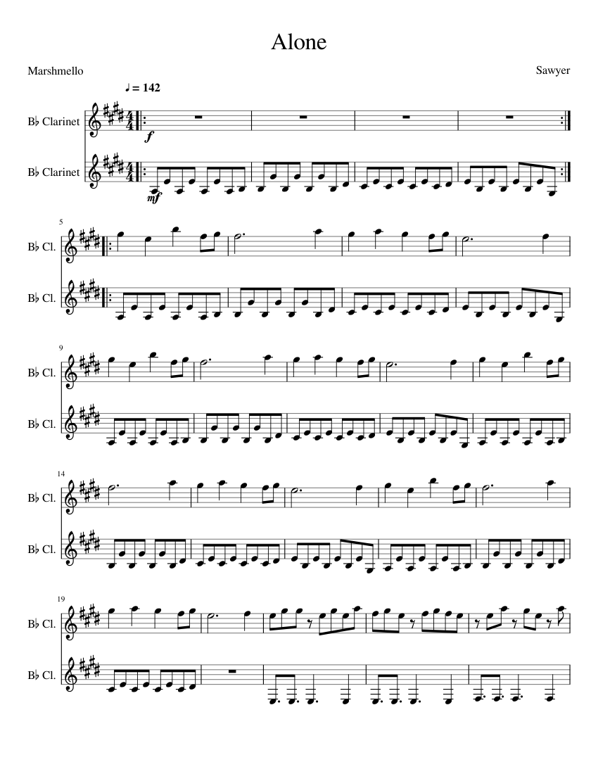 Marshmello Alone Sheet Music for Clarinet in b-flat (Woodwind Duet ...