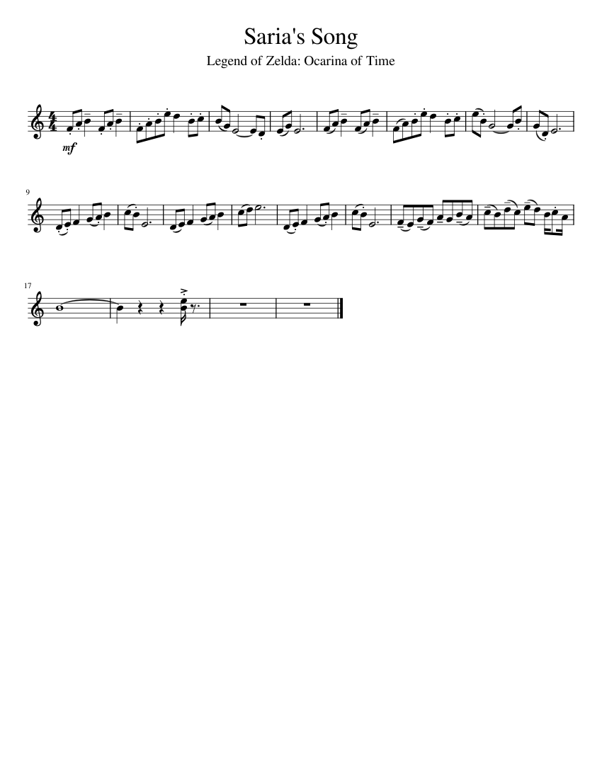 Legend of Zelda Ocarina of Time - Sarias Song (Ocarina) Sheet Music for ...
