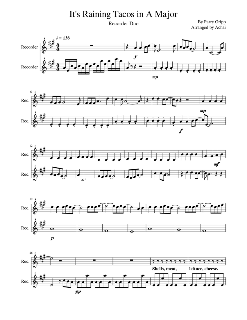 It's Raining Tacos Recorder Duet version Sheet Music for Recorder ...
