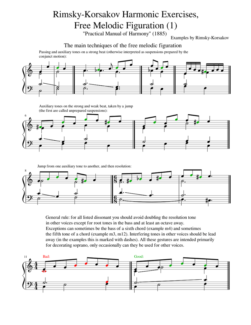Rimsky-Korsakov Harmonic Exercises, Free Melodic Figuration (1) Sheet ...