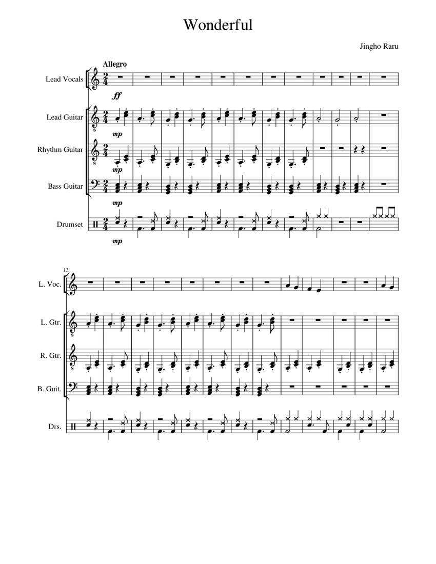 Wonderful (Extended) Sheet music for Vocals, Guitar, Bass guitar, Drum ...