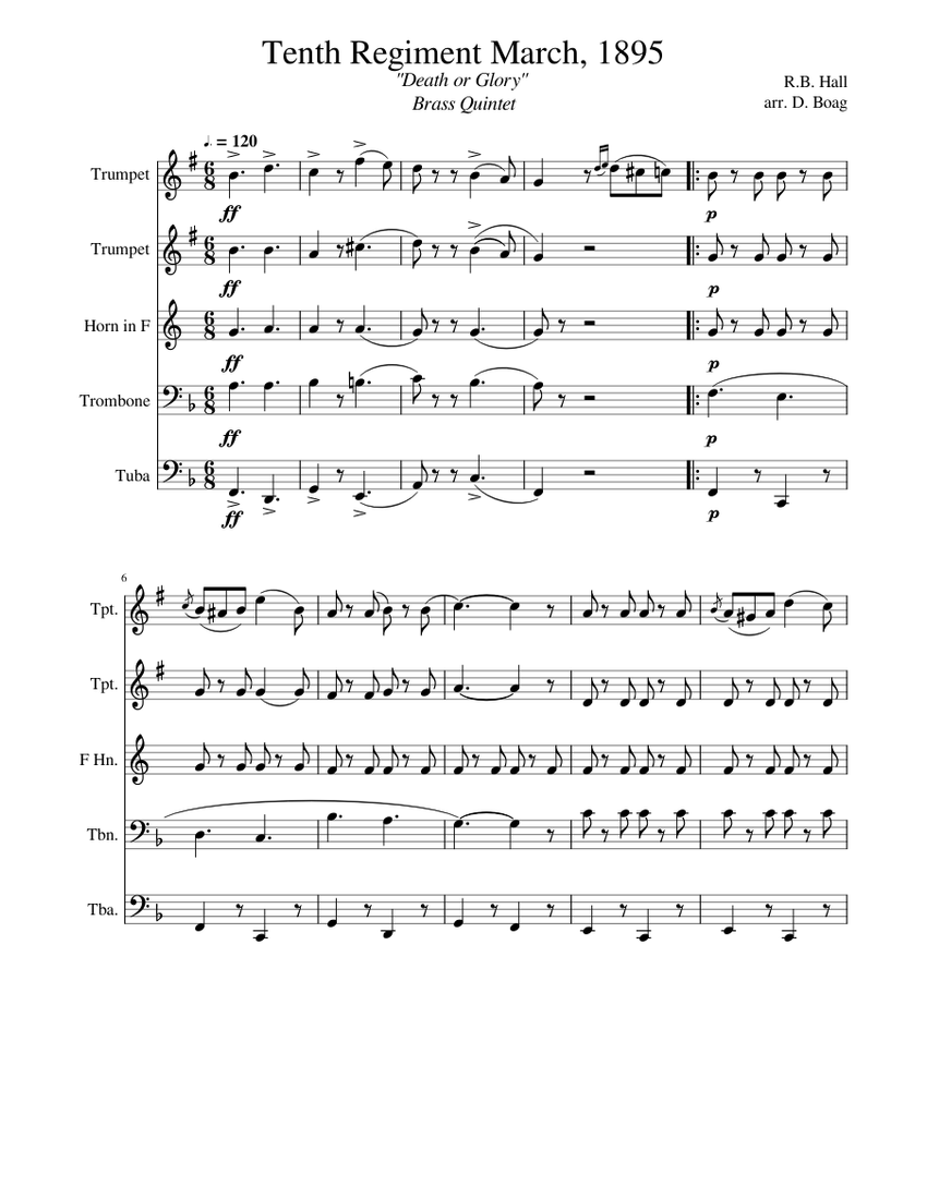 Tenth Regiment March, Death or Glory-Brass Quintet Sheet music for Trombone, Tuba, French horn ...
